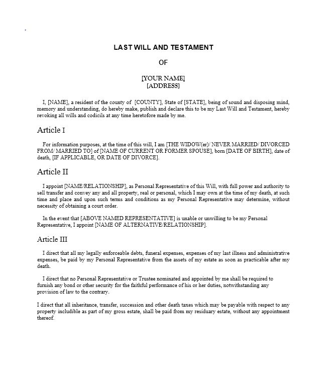 Last Wills And Testaments Free Templates Williamson ga us