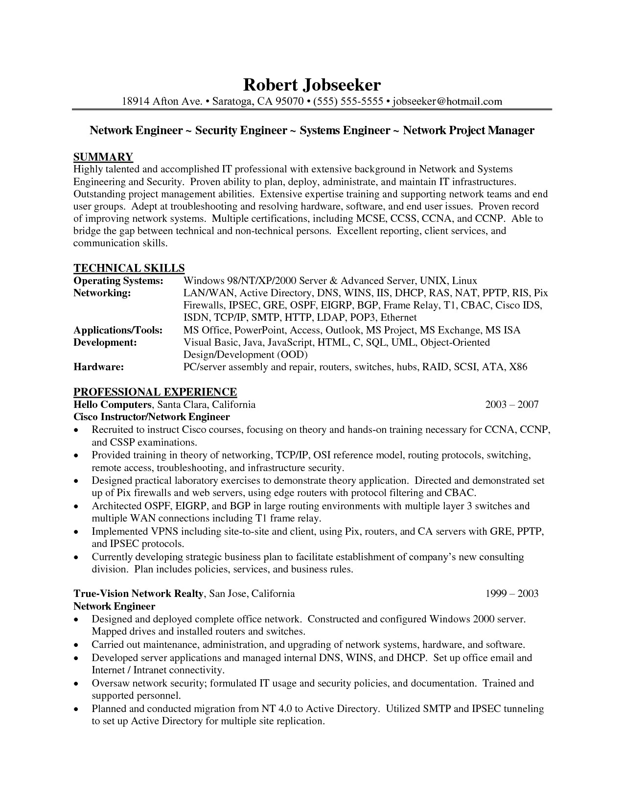 Sample Resume For Network Security Engineer Williamson ga us