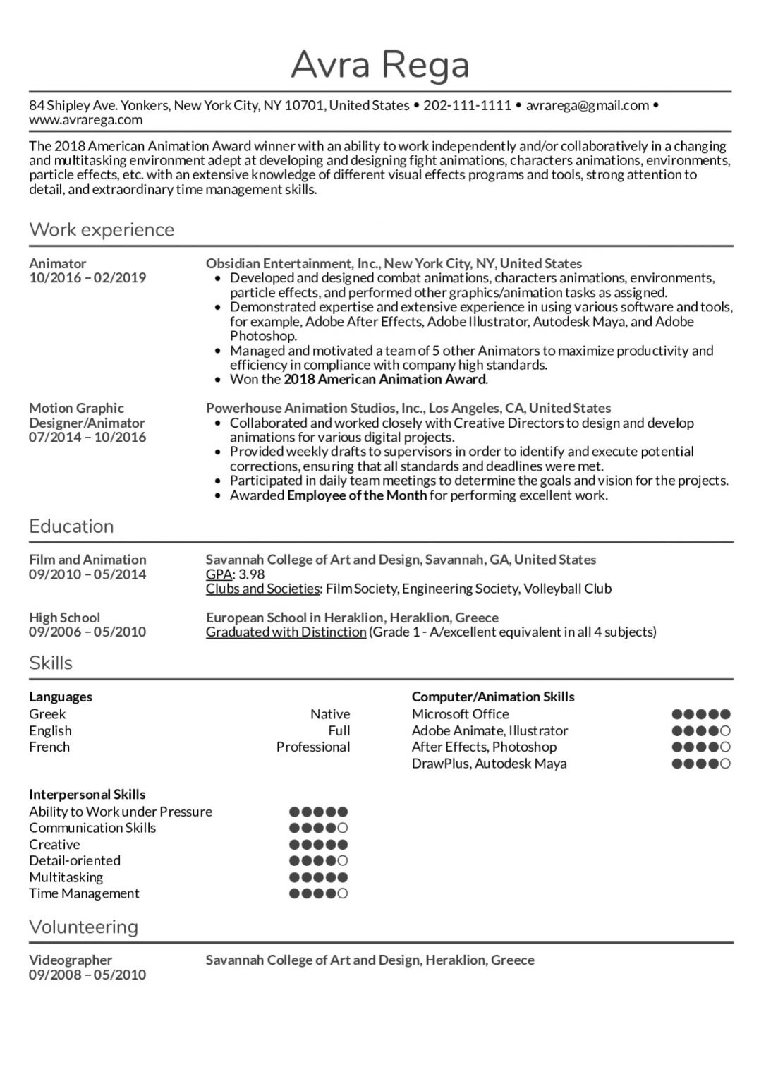 Animation Student Resume Resume Examples by Real People Animator Resume ...