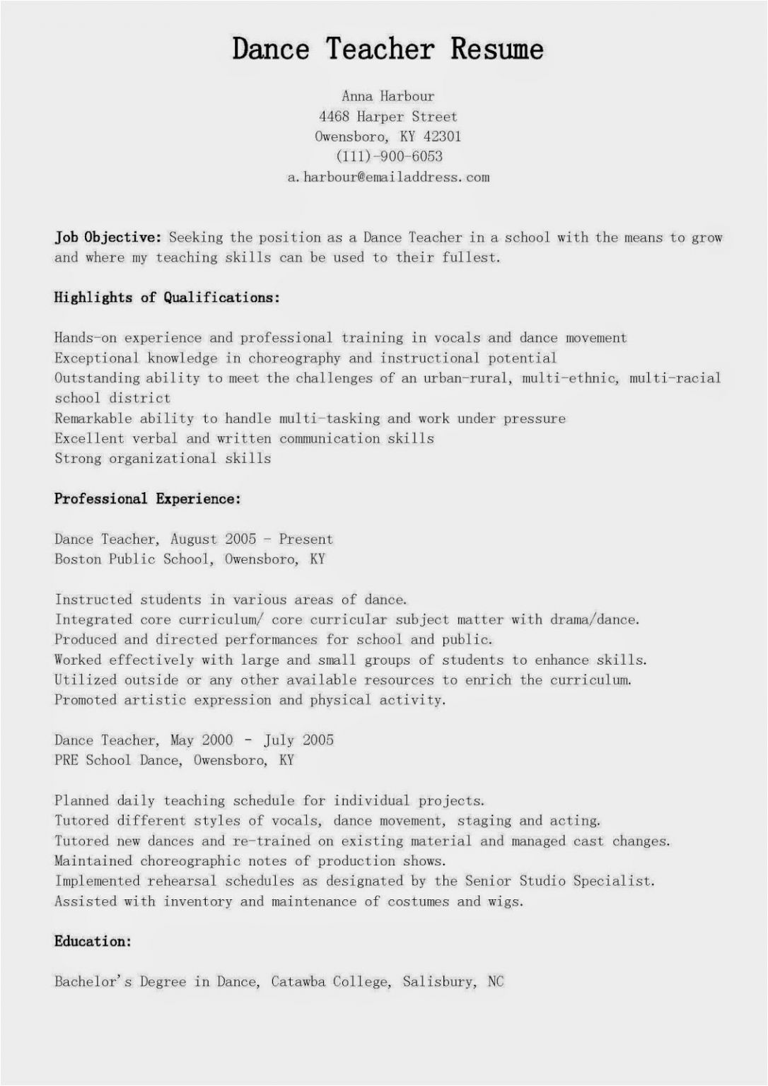 Dance Student Resume Resume Samples Dance Teacher Resume Sample ...