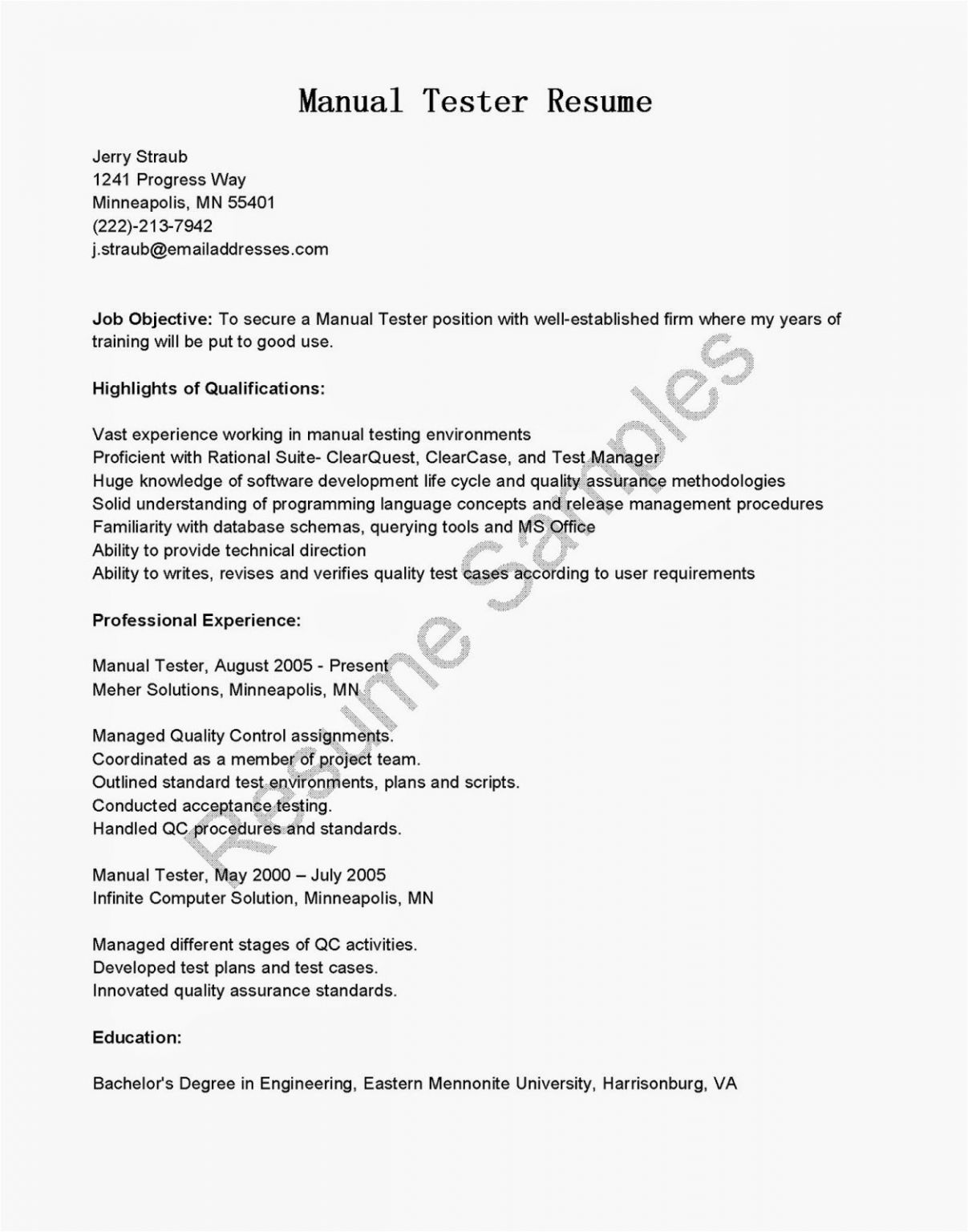 Manual Testing Resume Sample Resume Samples Manual Tester Resume Sample ...
