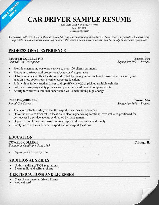 Resume Format For Driver Job Williamson ga us