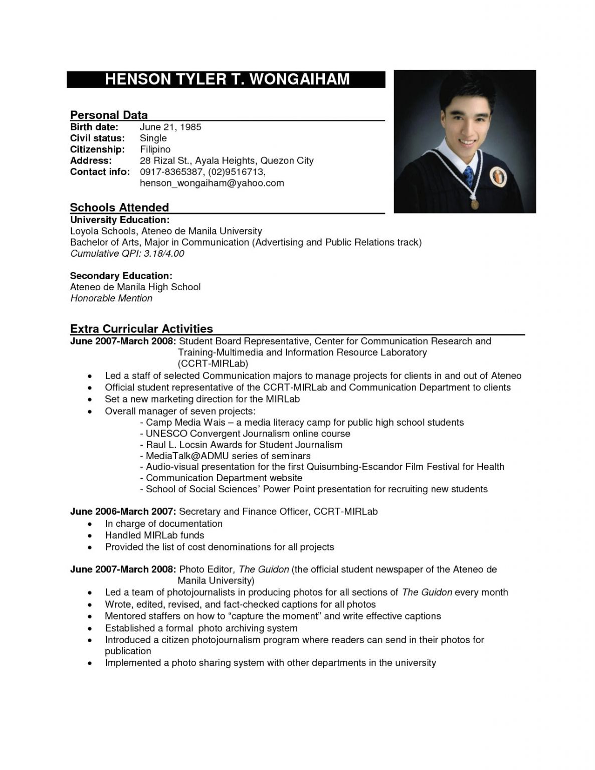 Resume format Sample for Job Application 12 Example Of Job Applying ...