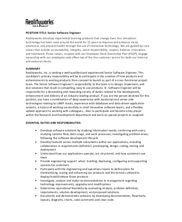 Roles And Responsibilities Of Software Engineer Resume Williamson ga us
