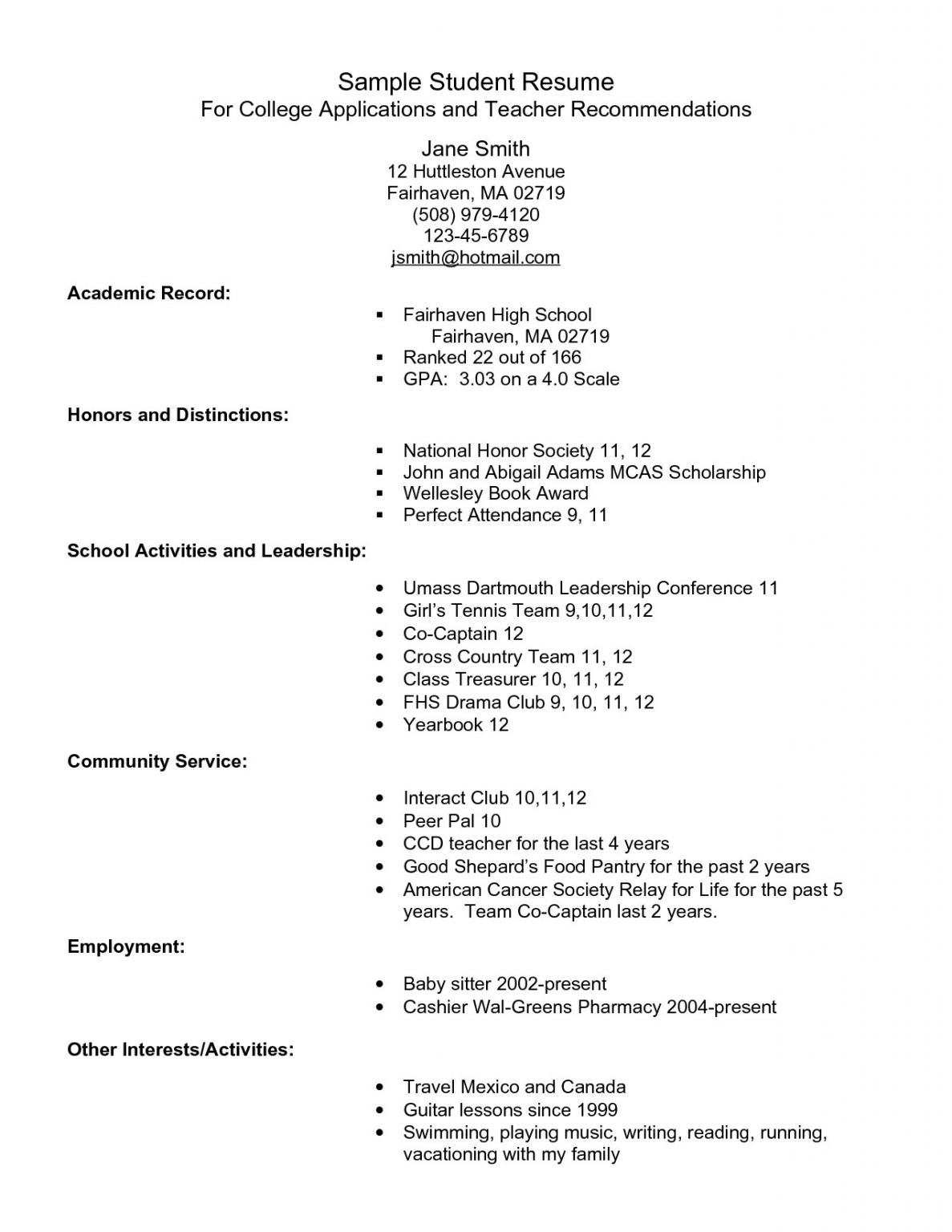 Sample Student Resume for College Application College Admission Resume ...