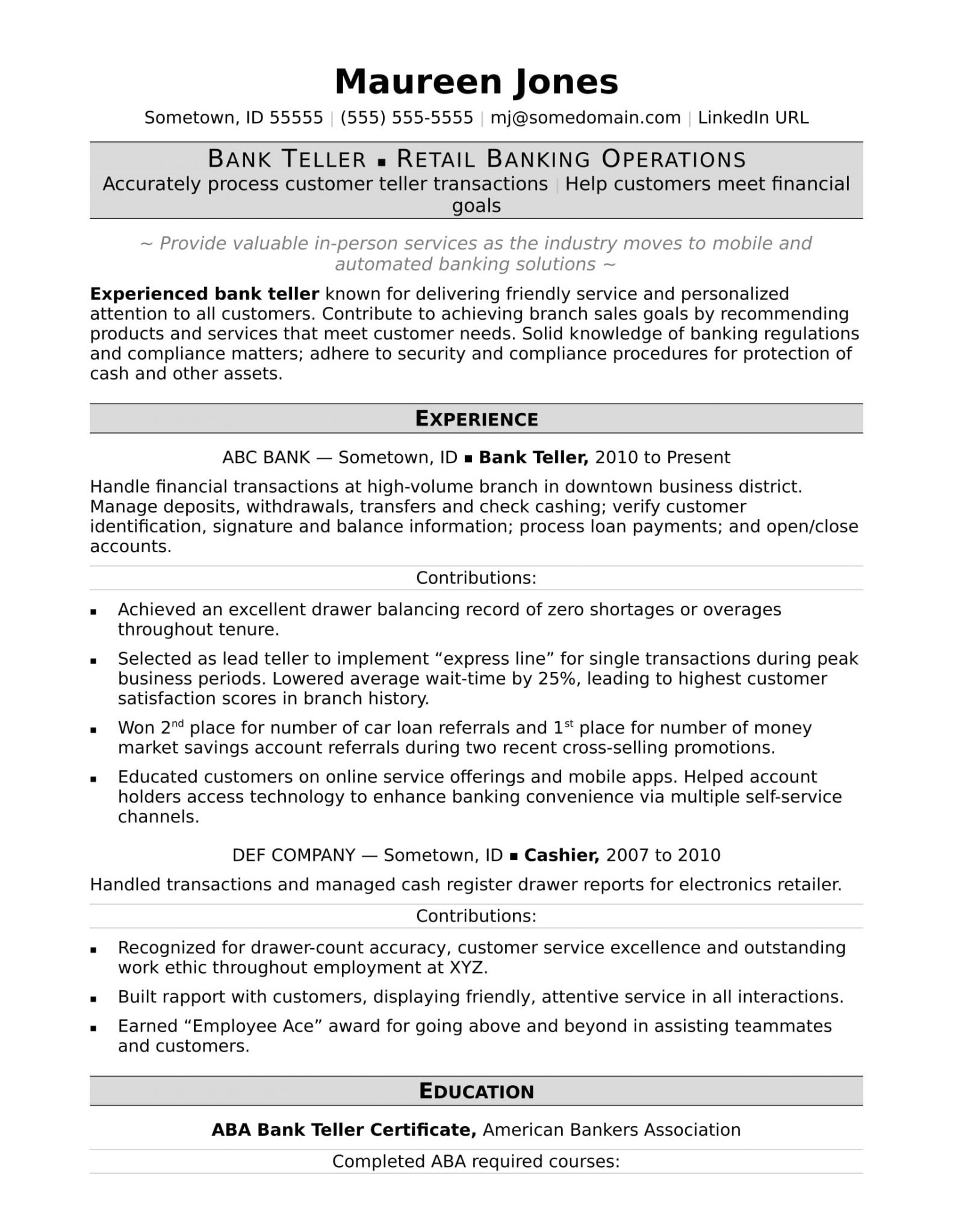 Teller Resume Sample Bank Teller Resume Sample Monster Com – williamson ...