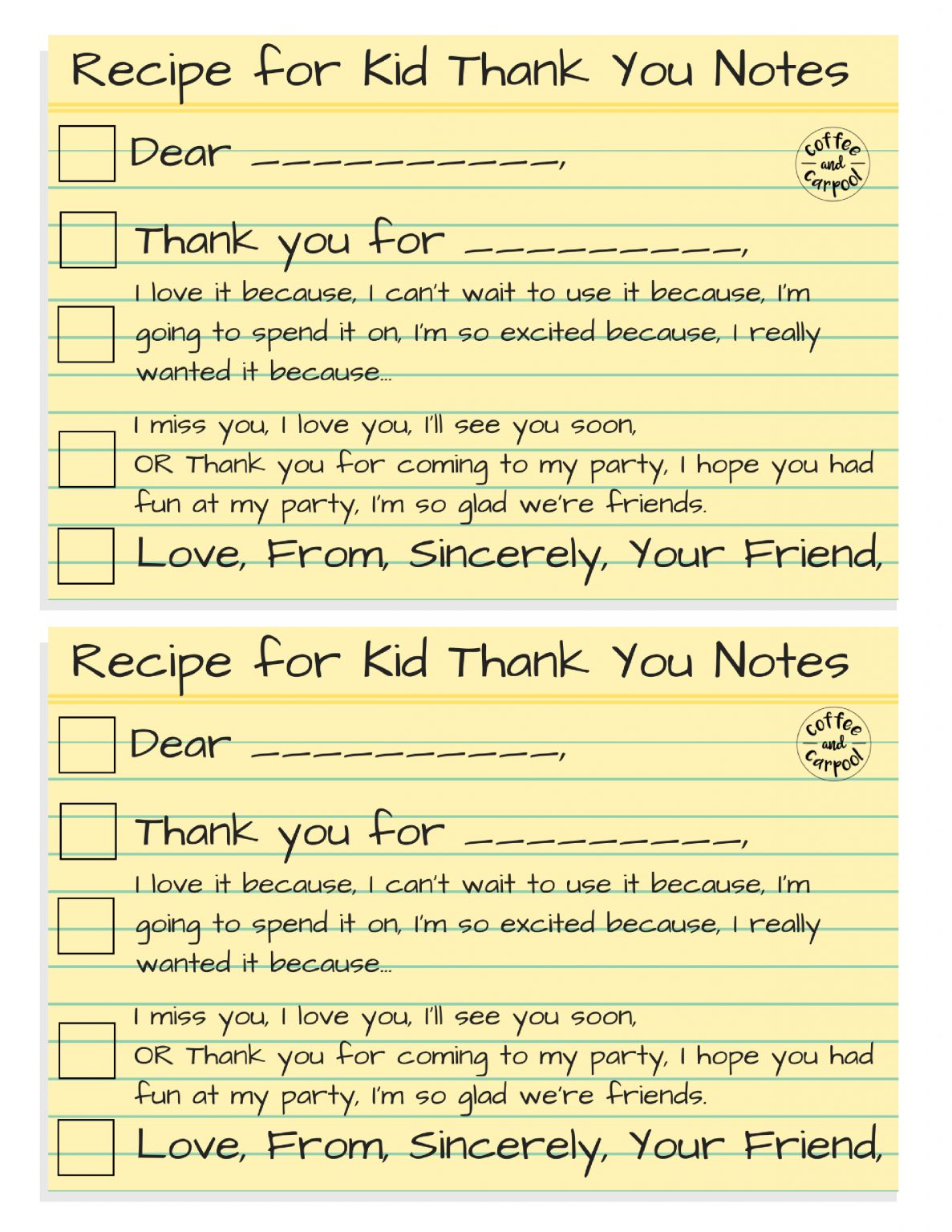 Kindergarten Thank You Card Ideas How to Write the Most thoughtful Kid ...