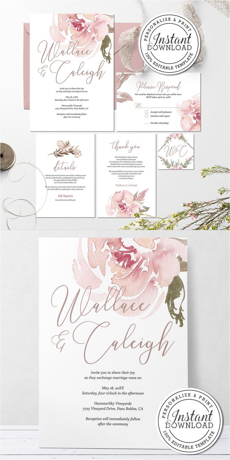 Wedding Invitation Card with Name Editing Blush Floral Pink Wedding ...